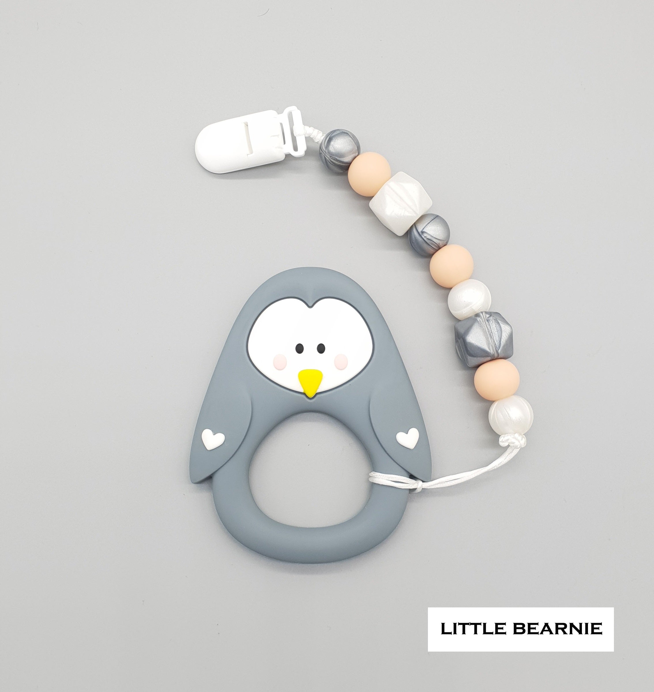 Modern Baby Teether Clip Set - Lovely Penguin (Grey) | Little Bearnie